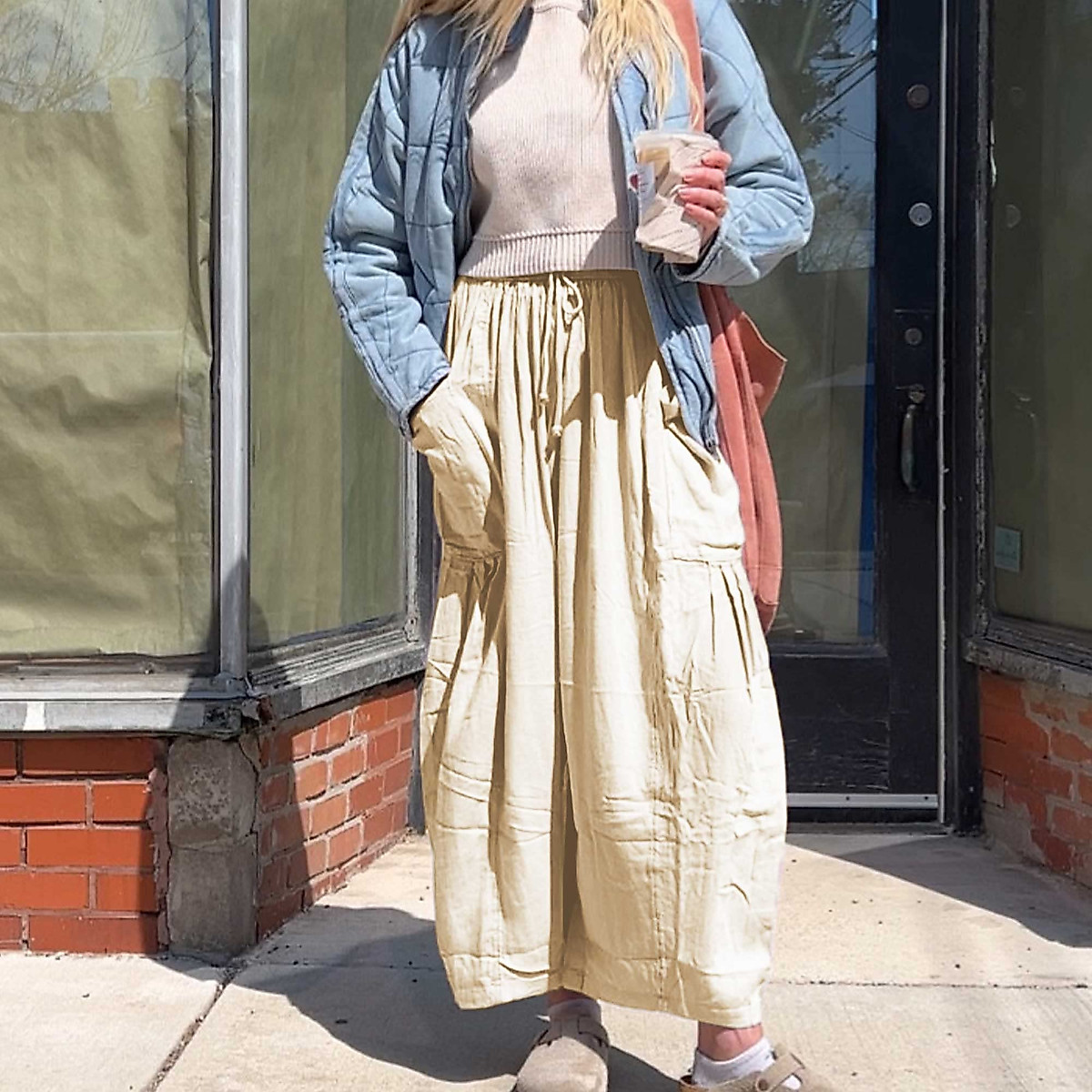 Hixiaohe Women's Casual Cotton Linen Lantern Pants Baggy Elastic Waist Drawstring Pleated Relax Fit Trousers with Pockets(Apricot,XL)