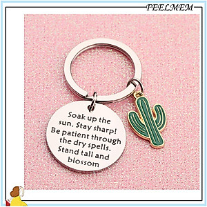FEELMEM Saguaro Cactus Keychain Soak Up The Sun Stand Tall and Blossom Inspirational Cacti Charms Keychain for Friend Plant Lover Gift (silver)