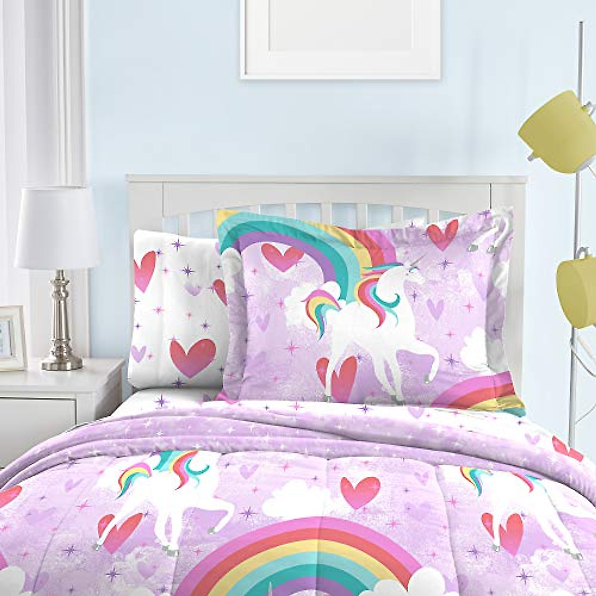 dream FACTORY Kids 5-Piece Complete Set Easy-Wash Super Soft Microfiber Comforter Bedding, Twin, Purple Unicorn Rainbow