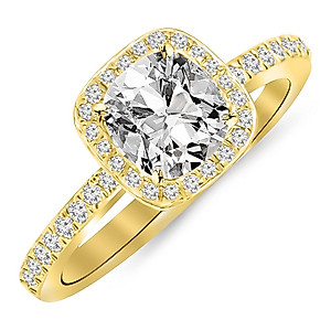 1.25 Carat 14K Yellow Gold Classic Halo Style Cushion Shape Diamond Engagement Ring with a 1 Carat Moissanite Center