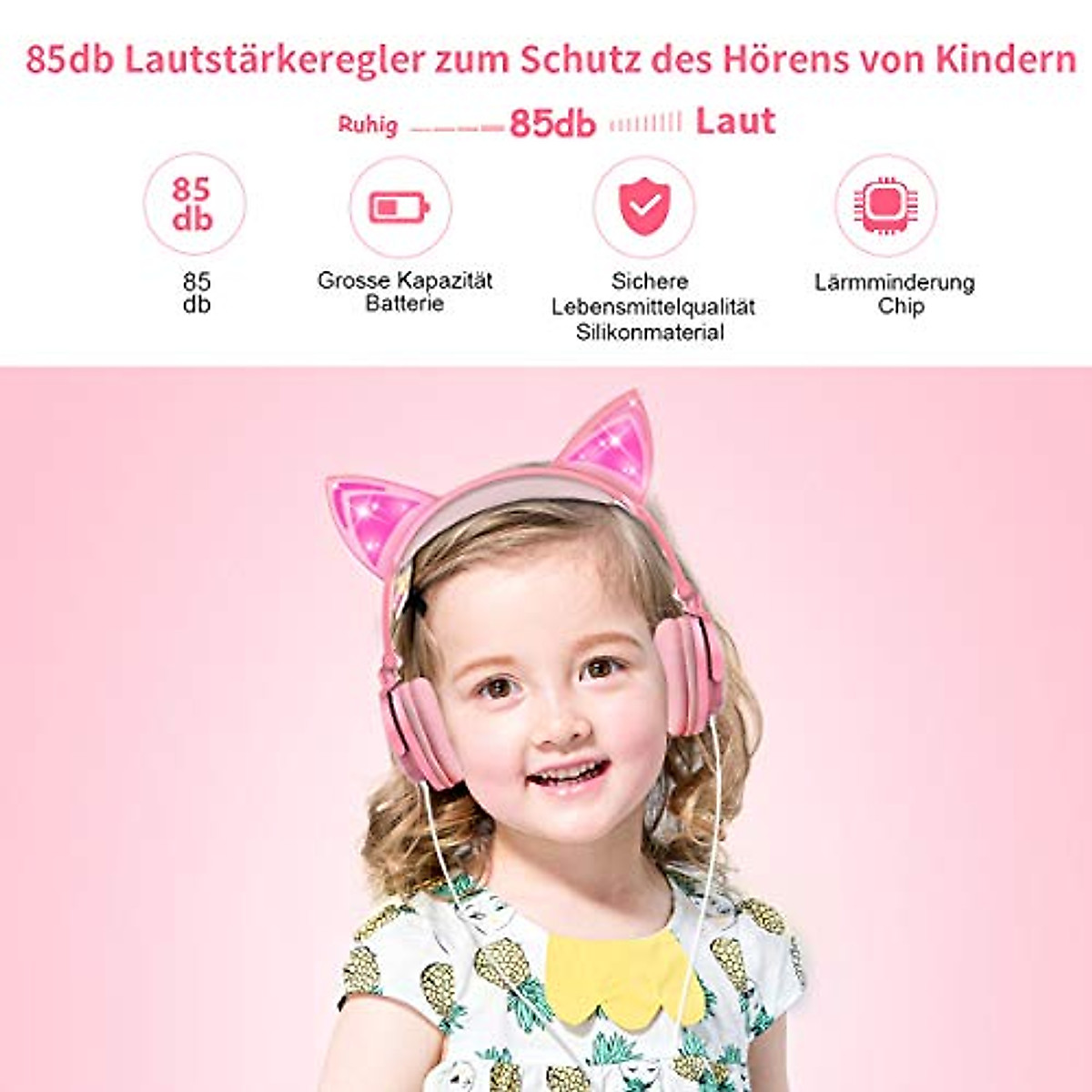LOBKIN Foldable Wired Over Ear Kids Headphone with Glowing Light for Girls Children Cosplay Fans,Cat Ear Headphones (Peach)