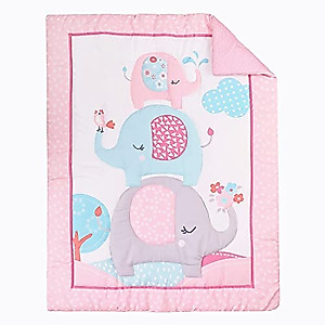 4Piece Soft Baby Girl Crib Bedding Set Pink Elephant Nursery Bedding Crib Set | Crib Comforter, Fitted Sheet, Dust Ruffle,Blanket
