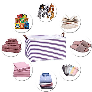 Hinwo 2-Pack Extra Large Canvas Fabric Storage Baskets with Handles, 70L Oversized Storage Bins, Collapsible Storage Box, Clothes, Toys, Blankets Organizers, 22 x 15 x 13 inches, (Purple Stripe)