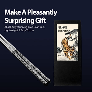 Hagary Tiger Chopsticks Metal Chopsticks Reusable Designed In Korea Japanese Style Stainless Steel 316 18/10 Non-Slip Dishwasher Safe Laser Etched (Black - 2 Pairs)