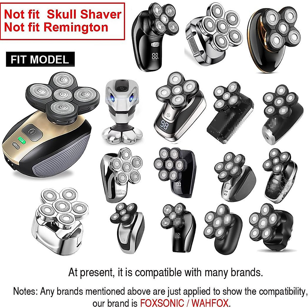 FOXSONIC Universal 6 Blades Replacement Heads for FREEBIRD FREEDOM GROOMING and Other Brands 5 Blades Head Shaver Replacement Blades Bald Shaver with Blade Cover Electric Razor Shaver Head (Black)