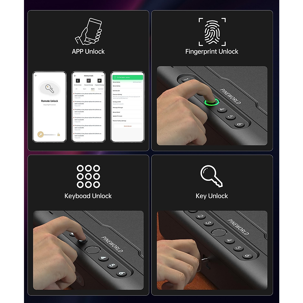 PINEWORLD Biometric Gun Safe, Smart Handgun Safe, 4-Quick Access Pistols Safe With Fingerprint/Key/Passcode/APP For Belongings, Gun Lock Box For Nightstand, Car, Home with Light/Full Voice Prompt