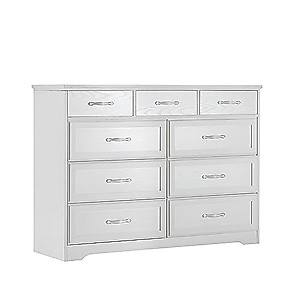 Royard Oaktree 9 Drawers Dresser, Wood Grain Chest of Drawers with Antique Metal Handles, Modern Closet Storage Organizer Bar Cabinet for Bedroom Living Room, Dining Room, Hallway, White
