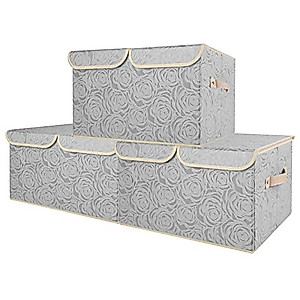Lucky Monet 1 Pack Rose Pattern Storage Bins with Double Lids and Handles Large Foldable Fabric Organizer Cubes Storage Basket Box Containers (17.3"x11.8"x9.8", Gray)