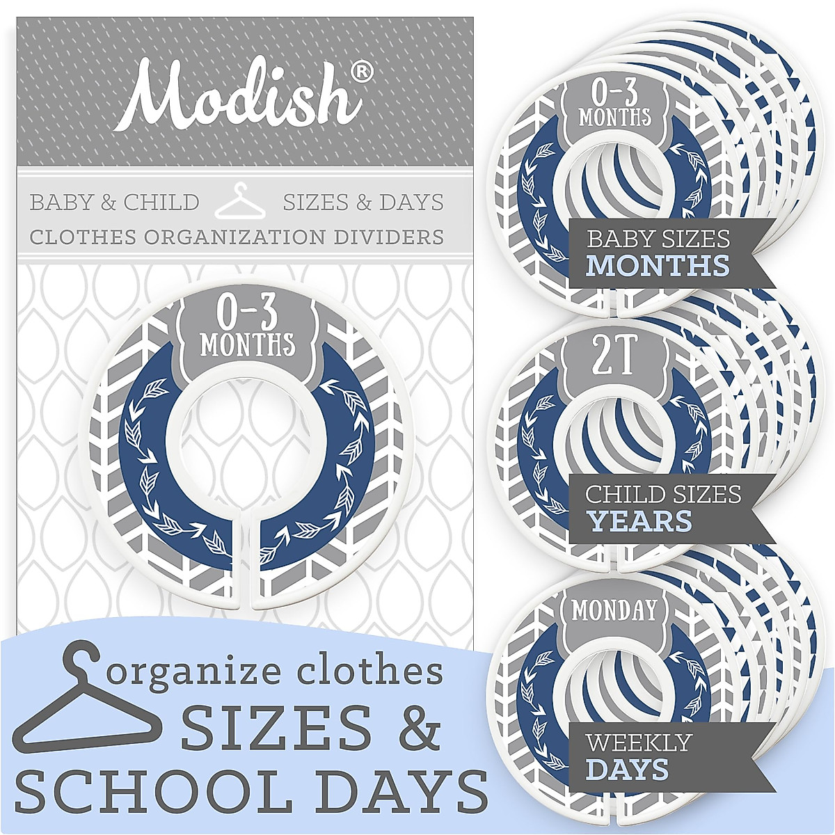 Modish Labels Baby Clothes Size Dividers, Baby Closet Organizers, Size Dividers, Baby Closet Organizers, Closet Dividers, Clothes Organizer, Boy, Woodland, Arrows, Tribal, Navy Blue, Grey, Gray (Baby)