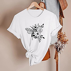 Womens Spring Summer Bees Printed Short Sleeve O Neck T Shirt Top White