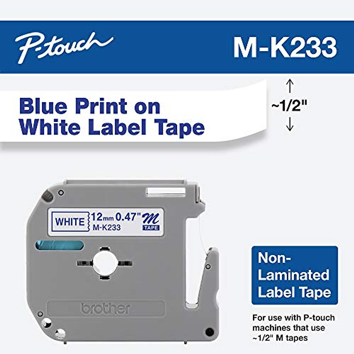 Brother Tape Cartridge 0.5IN Wide, Non-laminated Blue on White (MK233)