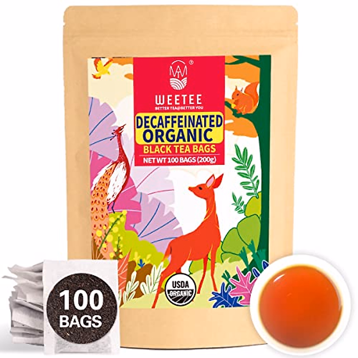 WT WEETEE Organic Decaf Black Tea Bags, USDA Organic Black Tea 100 Count | Smooth & Mild Taste | CO2-Decaffeinated | Resealable Kraft Bag