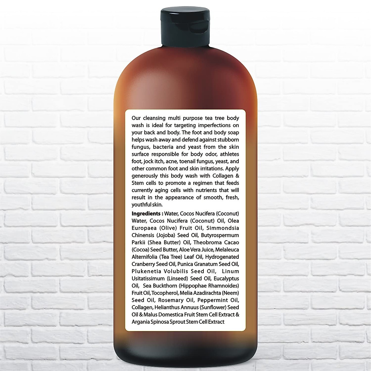 Tea Tree Body Wash -w/ Stem Cell, Collagen & TeaTree Oil Fights Body Odor, Acne, Athlete’s Foot, Jock Itch, Dandruff, Eczema, Yeast Infection, Shower Gel for Women & Men, Skin Cleanser 16.9 oz