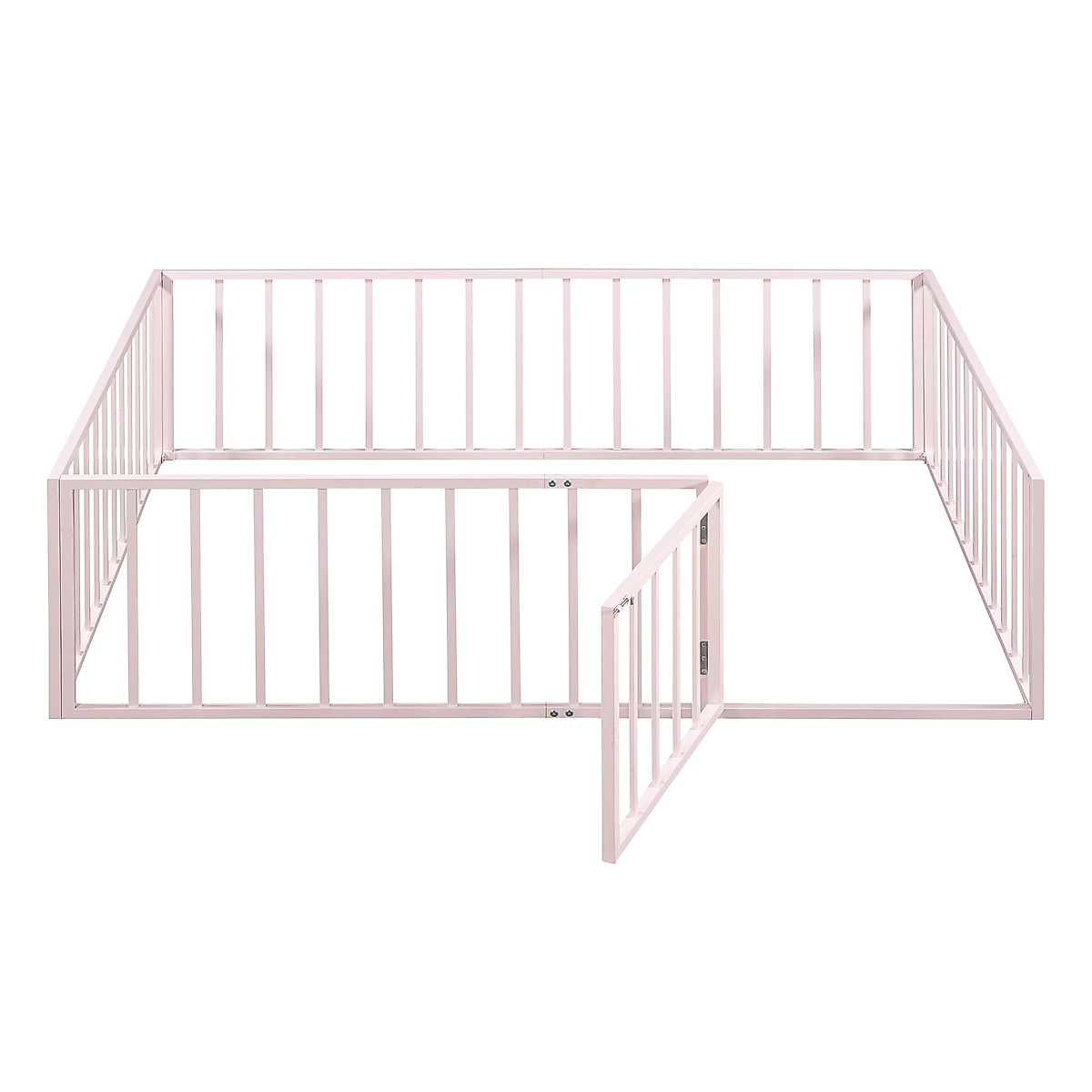 Merax Full Size Metal Floor Bed Frame with Safety Guardrails Fence and Door for Boys,Girls,Teens,Pink