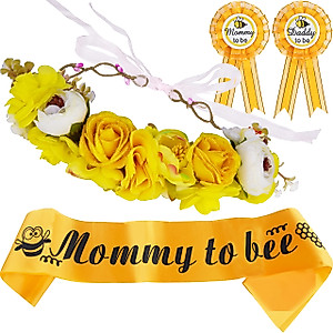 Baby Shower Decoration for Mom To Be and Dad To Be, Yellow Flowers style Tiara + Yellow & Black Sash + Yellow & White "Daddy to be" pin, Maternity Gift for Her and Him