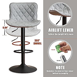 YOUNUOKE Bar Stools with Back, Modern Faux Leather Swivel Counter Height Barstools Adjustable Tall Bar Stools, Single Bar Chairs for Kitchen Islands, Grey Gray