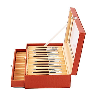 Pen Display Box 24 Piece Black Leather Flannel Pen Organizer Box,Glass Pen Display Case Storage Box with Lid,Top Glass Window Two Level Display Case with Drawer Pen Collection Display Case (Orange)