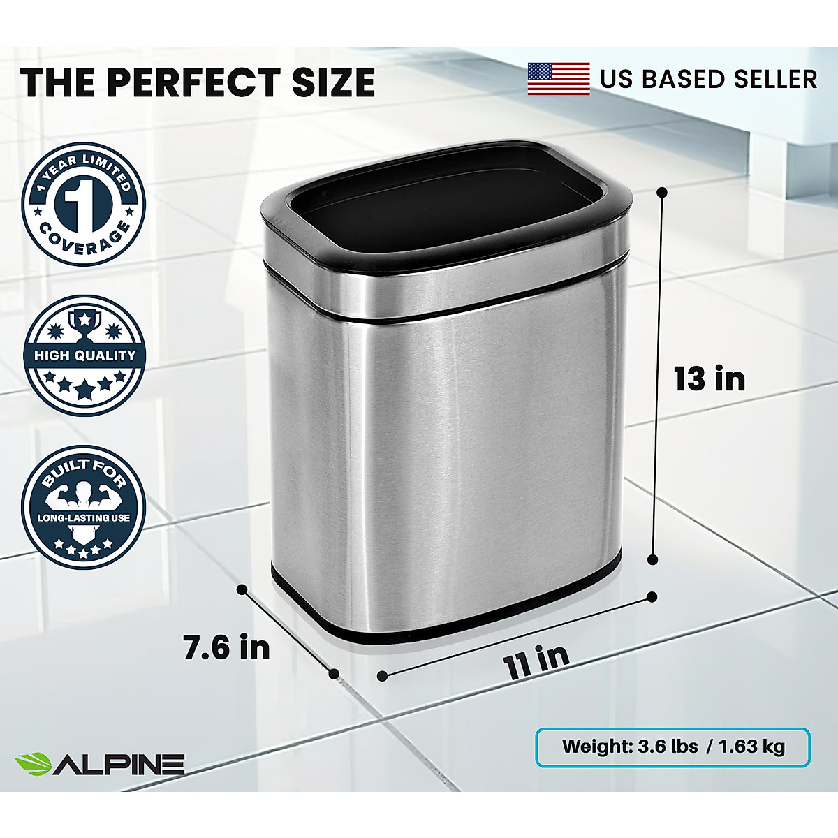 Alpine 10 Liter Small Bathroom Trash Can No Lid - Open Top Stainless Steel Bathroom Trash Can 2.6 Gallon, Slim Silver Trashcans for Bedroom, Office, Desk, Kitchen with Removable Bin for Easy Disposal