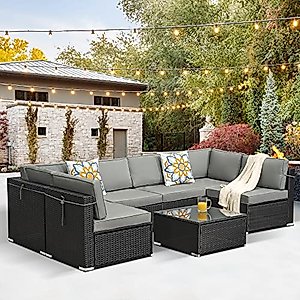 SUNVIVI OUTDOOR 7 Piece Patio Furniture Set, Outdoor Sofa for Backyard, Garden with 6 Sofas, 6 Seat Clips, Coffee Table - Black/Grey