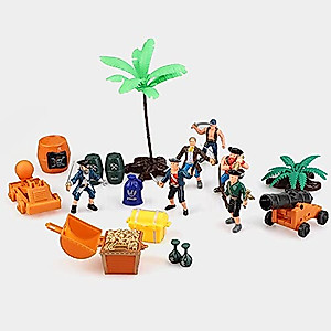 kramow Pirate Action Figures Play Set,Educational Toys Bucket of Pirate Toy with Boat,Treasure Chest,Cannons,Octopus,Pirate Ship and Other Accessories,War Game Toys for Boys and Kids
