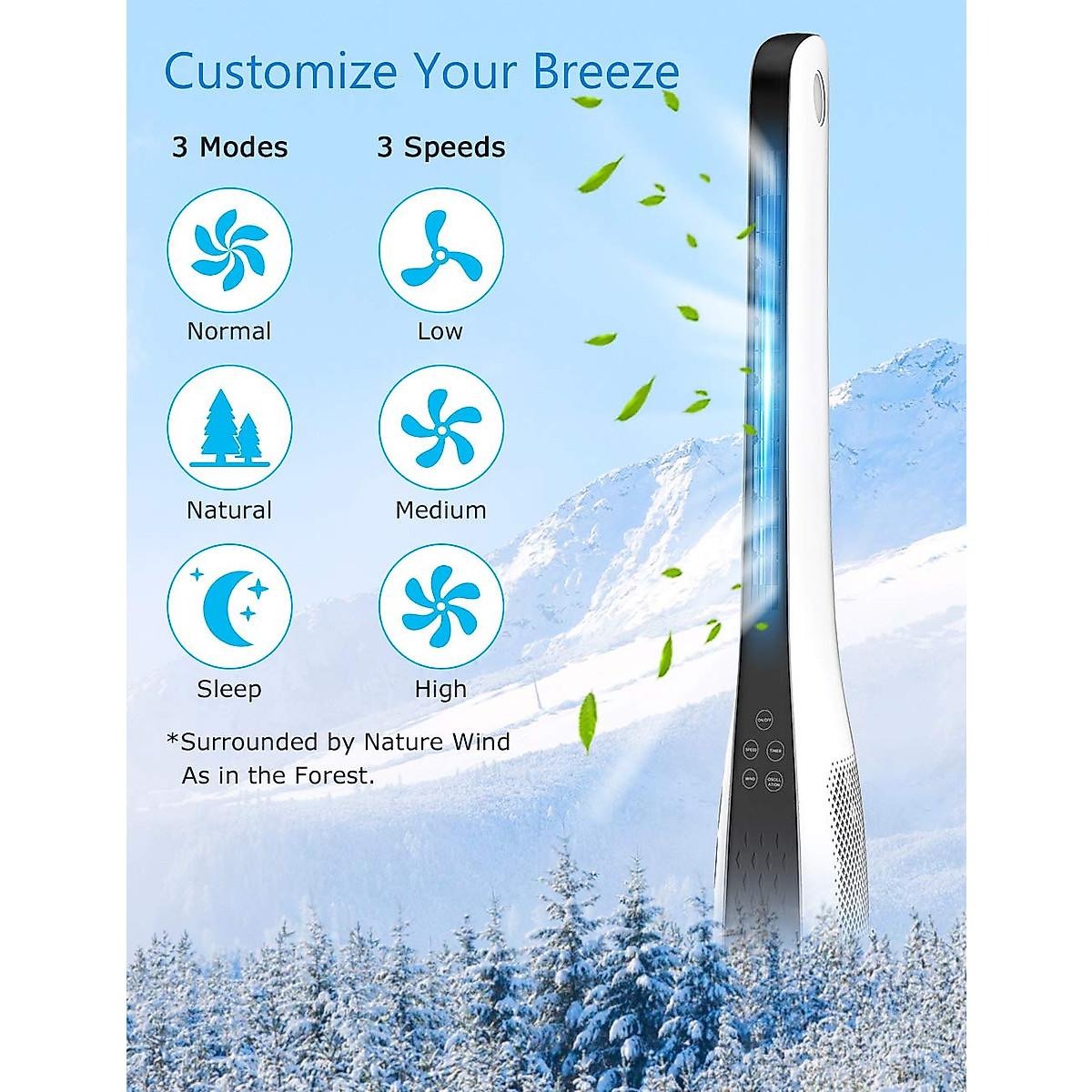 BREEZEWELL 43 Inch Bladeless Tower Fan w/ 3 Wind Speeds & 3 Modes, 15-Hour Timer, Remote Control, Ultra-quiet & Slim 45° Oscillating Personal Fan for Whole Room Home & Office