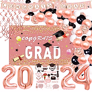 Graduation Decorations 2023 - Rose Gold Graduation Party Supplies Including Grad Banner, Graduation Backdrop, Hanging Swirls, Grad Balloons Garland Kit, and Photo Booth Props for Grad Decor | Pink