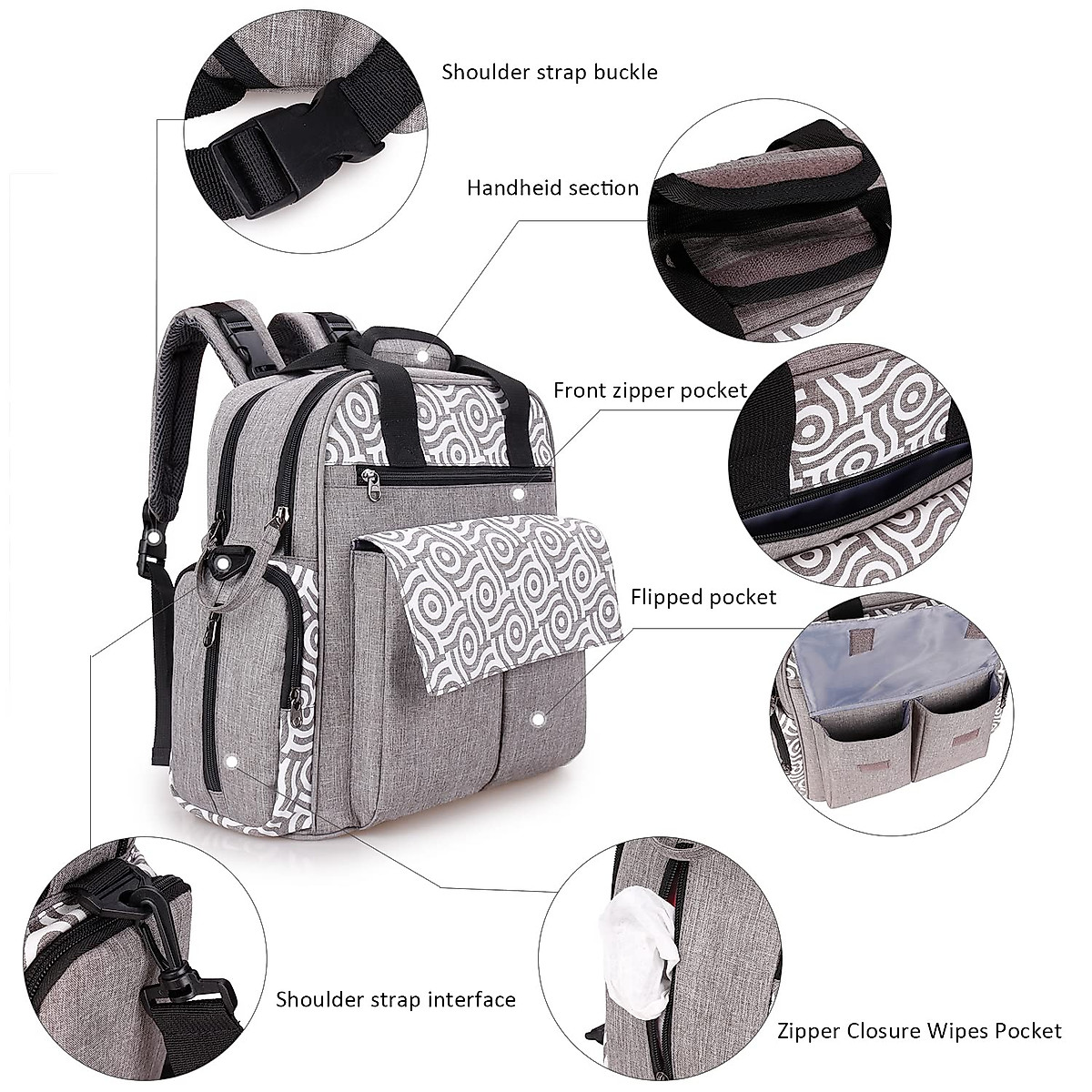 Lmbabter Diaper Bag Backpack with Changing Station Large-Capacity Mommy Baby Bag Convertible Diaper Bag Tote with Shoulder Strap (Grey)