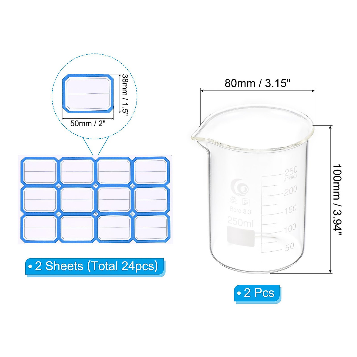 PATIKIL 250ml Low Form Glass Beaker, 2Pcs 3.3 Borosilicate Glass Beakers Graduated Measuring Cup with Stick Labels for Lab Experiment, Cooking, and Baking, Clear