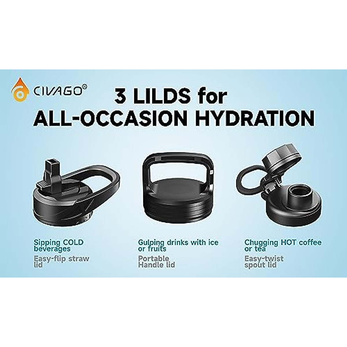 CIVAGO 32 oz Insulated Water Bottle With Straw, Stainless Steel Sports Water Flask Cup with 3 Lids (Straw, Portable Spout and Handle Lid), Double Walled Travel Thermal Canteen Mug, Rose Gold