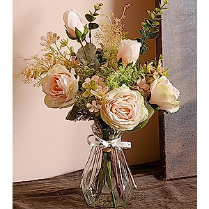 PERFNIQUE Faux Flowers with Vase, Artificial Silk Roses in Vase, Fake Eucalyptus Plant Bouquet, Floral Arrangements for Living Room, Dining Table Centerpiece, Coffee Table Decor (Peach Pink)