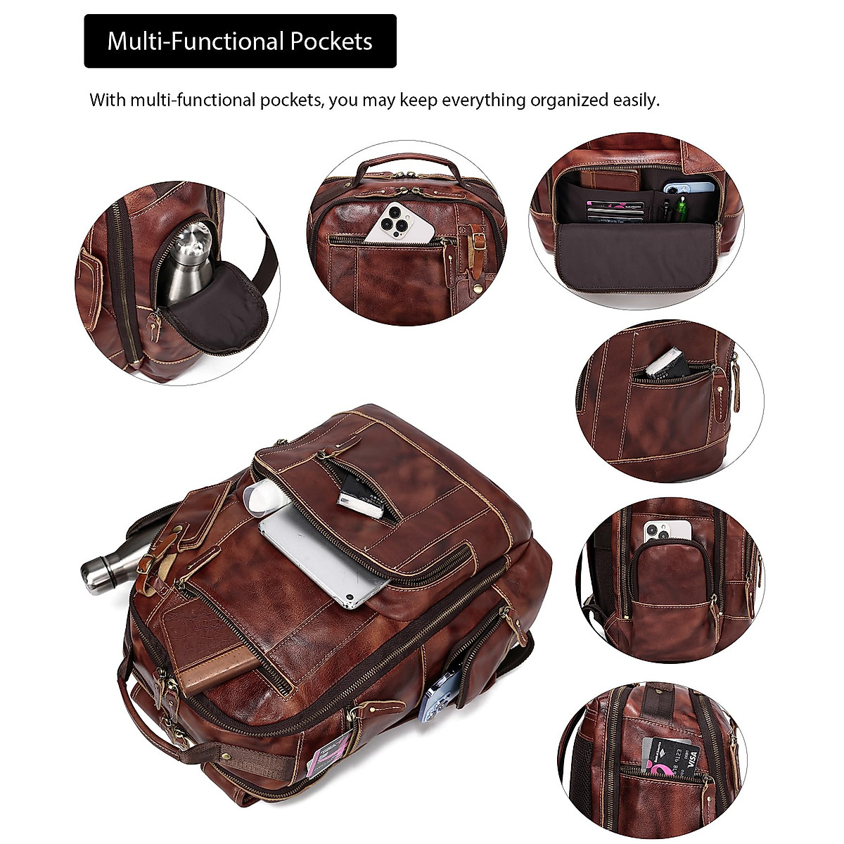 LANNSYNE Full Grain Leather Backpack For Men, Fits 16" Laptop, Coffee