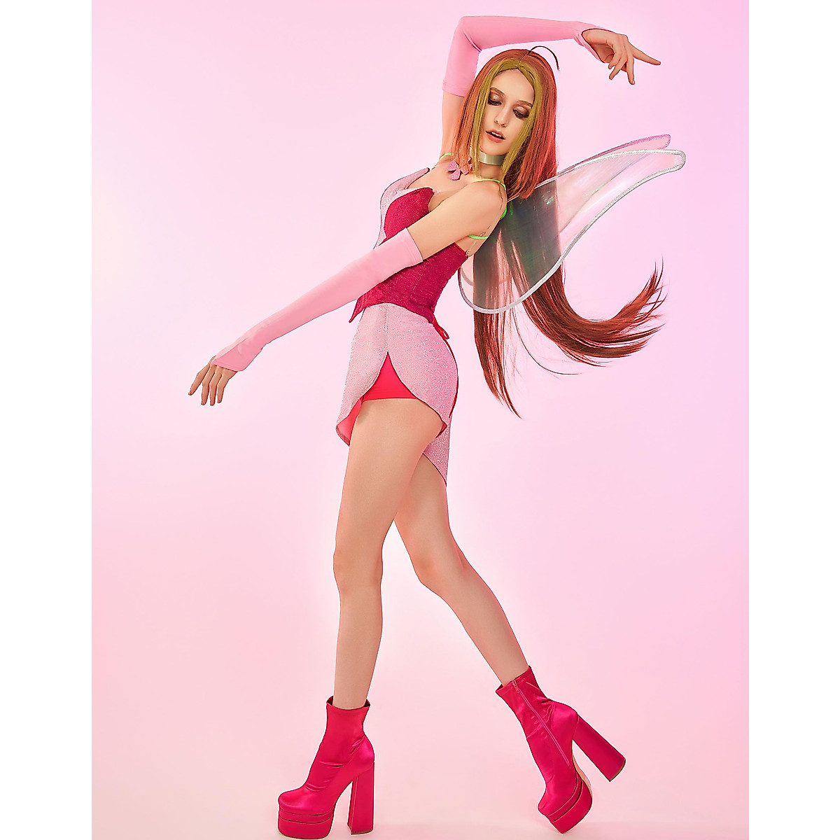 Winx Club Women's Flora Cosplay Fairy Costume Outfit Corset Top and High-low Skirt with a Pair of Wings