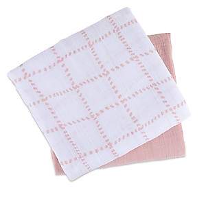 Muslin Swaddle Blankets 2-Pack 100% Muslin Cotton Swaddle Receiving Wrap Blankets (47 X 47 inches) Gift for Baby Girl (Pink Grid Lines & Solid Pink) (Pink)