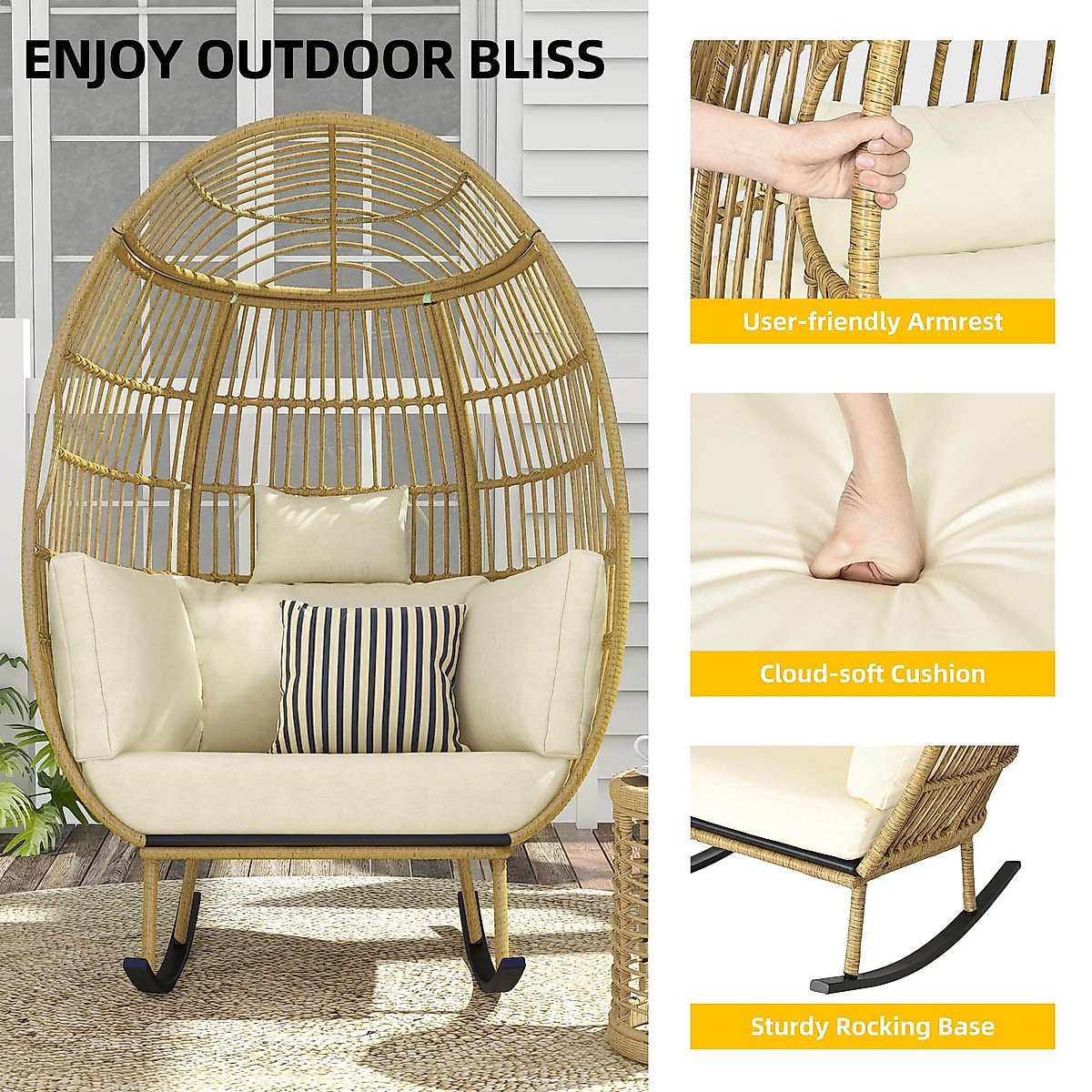 DWVO Outdoor Rocking Egg Chair, Patio Rocking Chair Oversized, 370lb Capacity, Anti-Slip, All-Weather Wicker Egg Lounger Chair for Indoor, Outside (Beige)