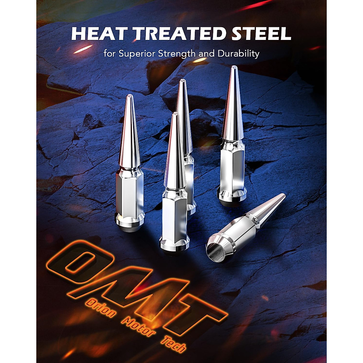 OMT M14x1.5 Spike Lug Nuts, 14mmx1.5 Wheel Lug Nuts Compatible with Chevy Silverado Express, Ram 2500 3500, Ford F250 F350, GMC Sierra Yukon Savana and More, Spike Lug Nut Set, Set of 32, Chrome