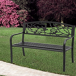 Magshion Patio Benches for Outdoors, 50" Patio Seating Balck Backrest Armrests Sturdy Steel Frame Birds and Branches Style Bench with Straight Legs for Yard Porch Work Entryway, 800lbs
