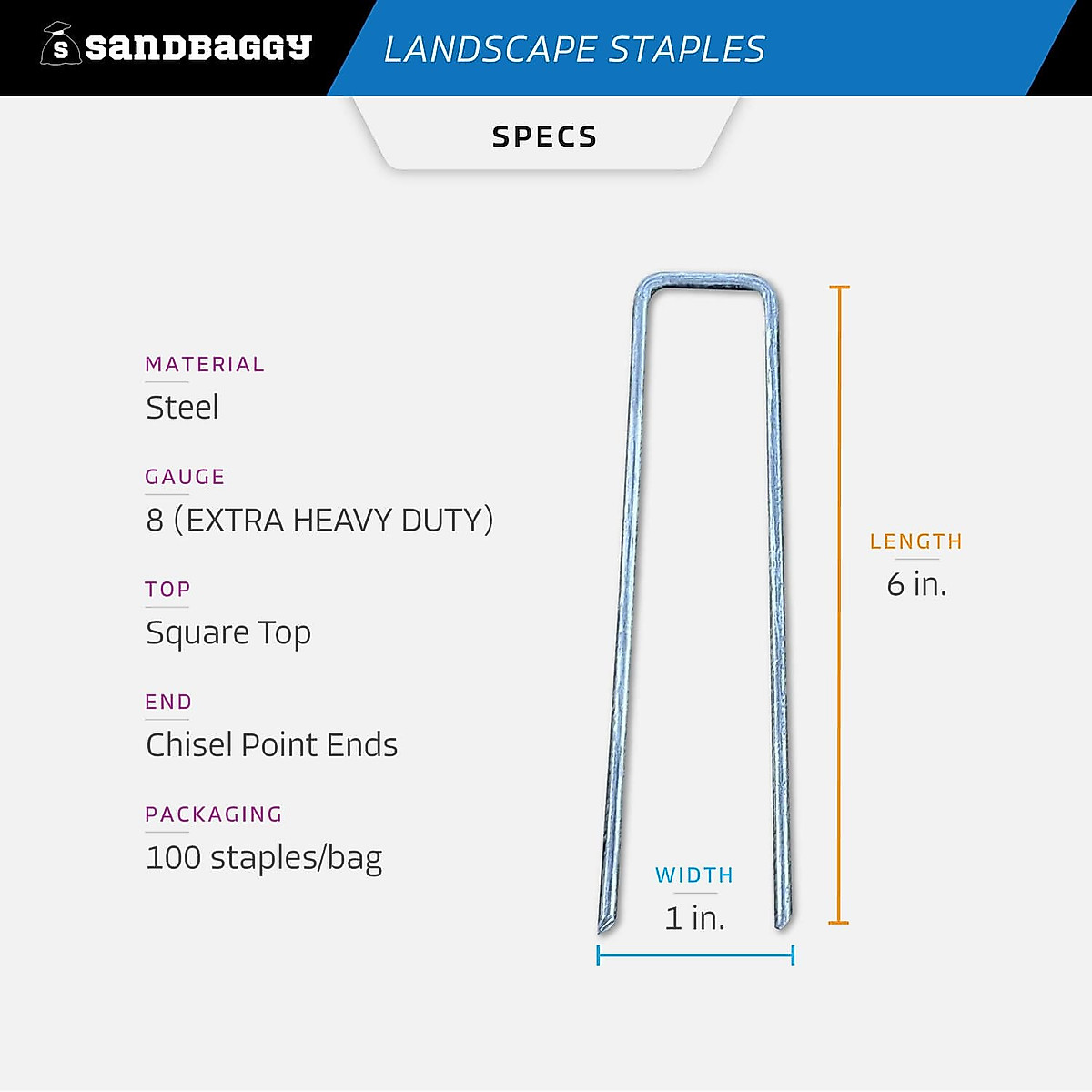 Sandbaggy 6 inch Landscape Sod Staples (8 Gauge Steel) | Great for Hard & Rocky Soil | 40% Thicker Than Standard 11 Gauge Staples | Trusted by Farmers & Contractors Across USA (100 Staples)