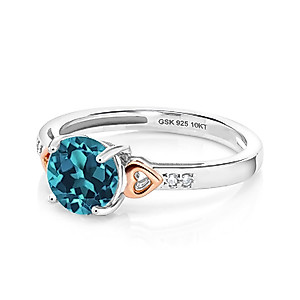 Gem Stone King 925 Silver and 10K Rose Gold London Blue Topaz and White Diamond Solitaire Engagement Ring For Women (1.36 Cttw, Round 6.5MM, Gemstone November Birthstone, Size 5)