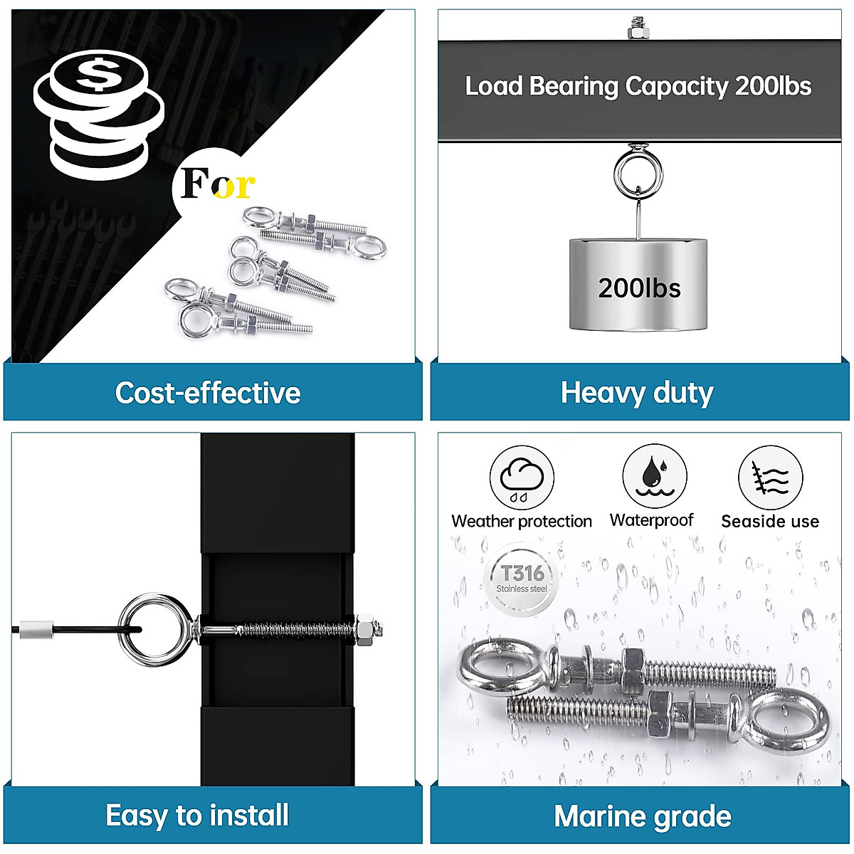 Muzata 5 Pack 1/4" x 2" Eye Bolt T316 Stainless Steel Eye Bolts with Nuts Washers Threaded Heavy Duty Shoulder Lifting Ring Total 3" Length Marine Grade UNC-3A CR31