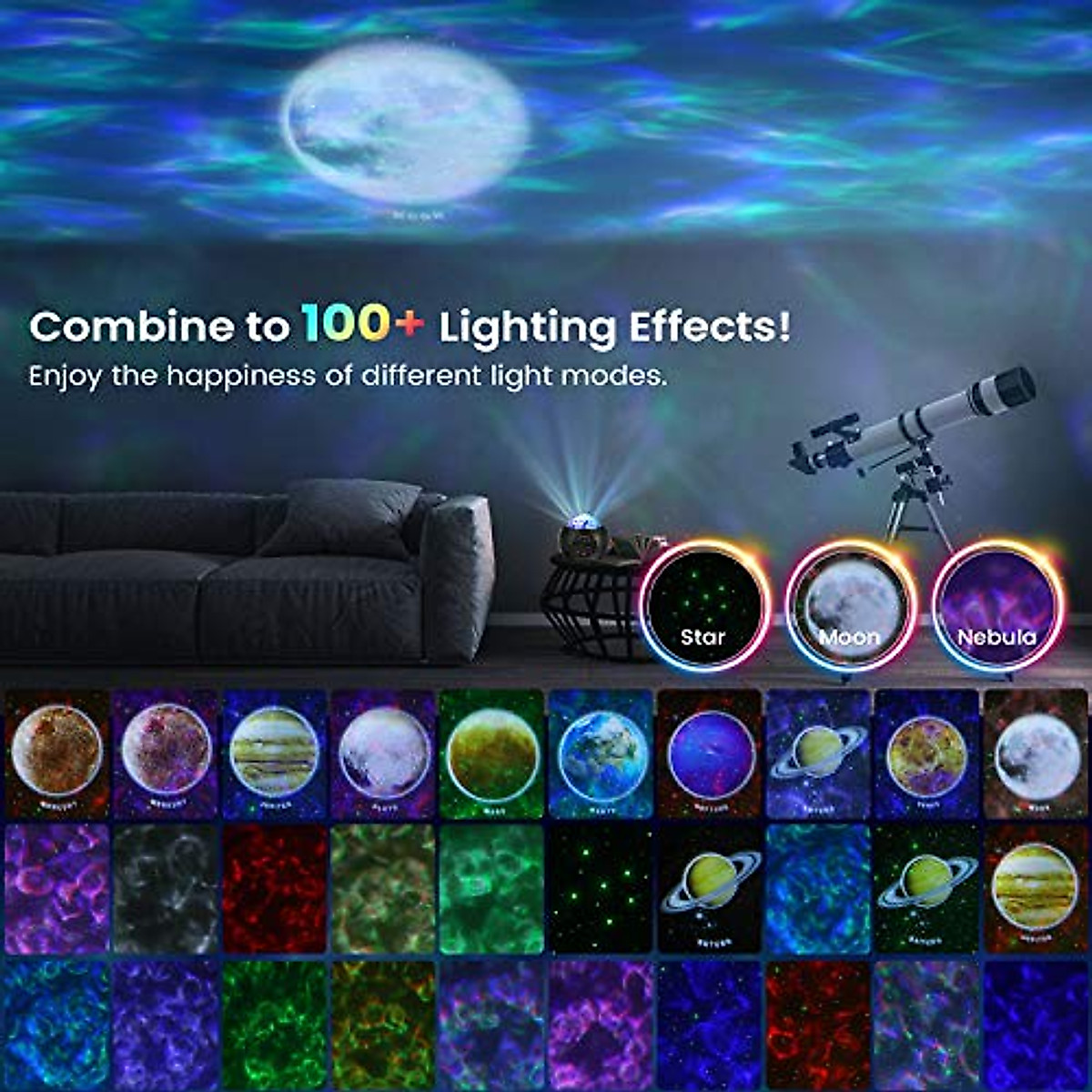 Galaxy Projector Star Projector, 4 in 1 Planet Projector Lights Night Lights Sound Activated for Kid Adult Bedroom with Music Speaker, Voice & Remote Control
