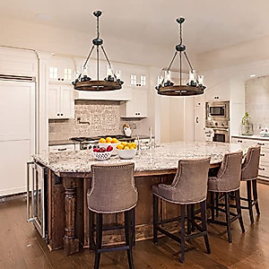 GEPOW Farmhouse Wood Chandelier, Round Wagon Wheel Light Fixture with Seeded Glass Shades for Dining Room, Living Room, Bedroom, Kitchen Island and Foyer