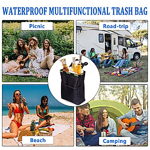 Ginsco 3.5 Gallons Large Capacity Hanging Car Trash Bag, Reusable Car Trash Can, Leakproof Car Garbage Bag, Foldable Waterproof Car Organizer Cooler with 4 Pockets for Camping Traveling
