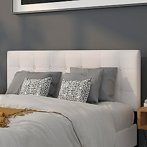 BizChair Button Tufted Upholstered Queen Size Headboard in White Vinyl