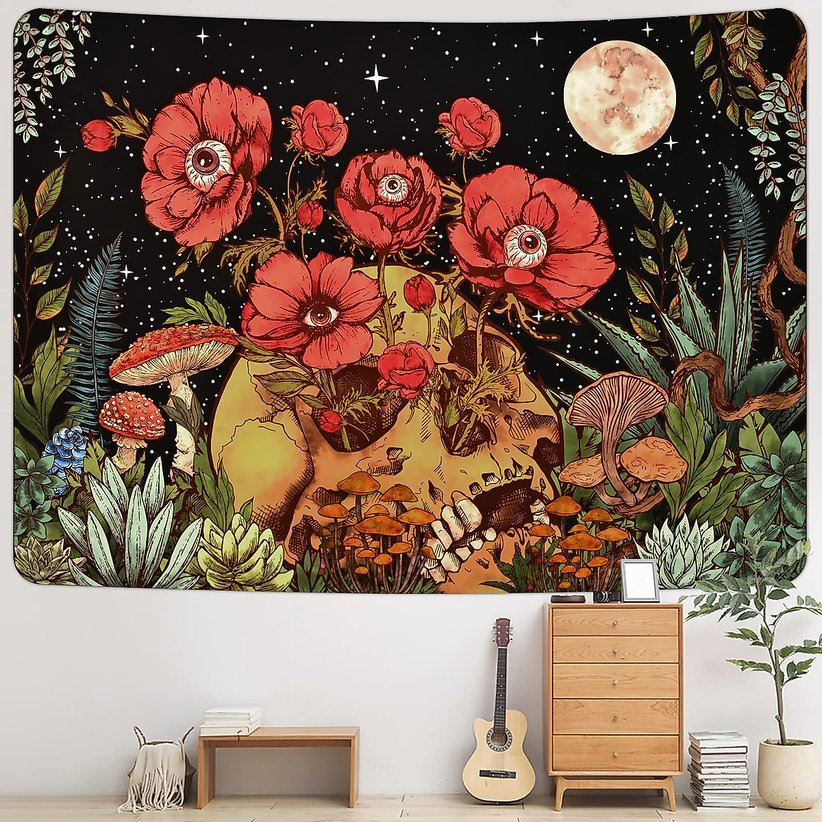 Uspring Skull Floral Tapestry Flowers Skeleton Tapestry Moon Garden Tapestry Mushroom Plants Tapestry Trippy Vintage Tapestry Wall Hanging for Room (59.1 × 82.7 inches)