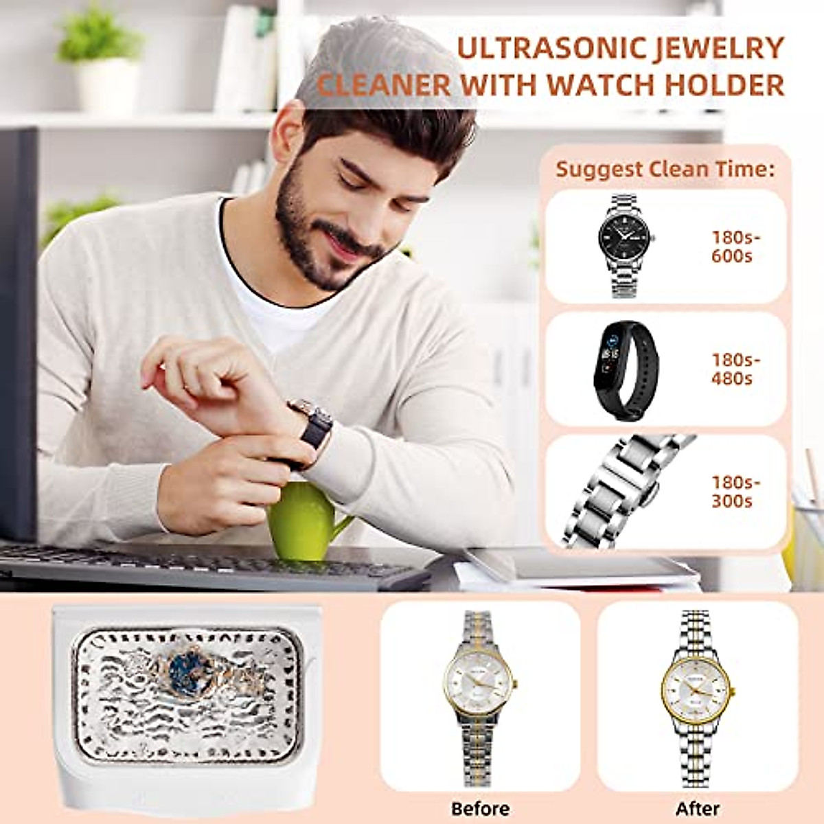 ELVASO Ultrasonic Jewelry Cleaner, 700ml High Capacity Ultrasonic Cleaner with 5 Timer Modes, 46Khz Sonic Cleaner Machine for Glasses, Jewelry, Watch and Denture, 304 Stainless Steel Tank with 23oz