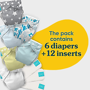 Charlie Banana Baby Washable and Reusable Cloth Diapers, 6 Soft Pocket Diapers and 12 Absorbent Inserts, One-Size, Cactus Star