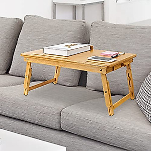Diosbles Lap Desk, Bamboo Laptop Desk for Bed and Sofa, Height Adjustable Bed Desk, Foldable Breakfast Serving Bed Tray, Laptop Tray with Drawer