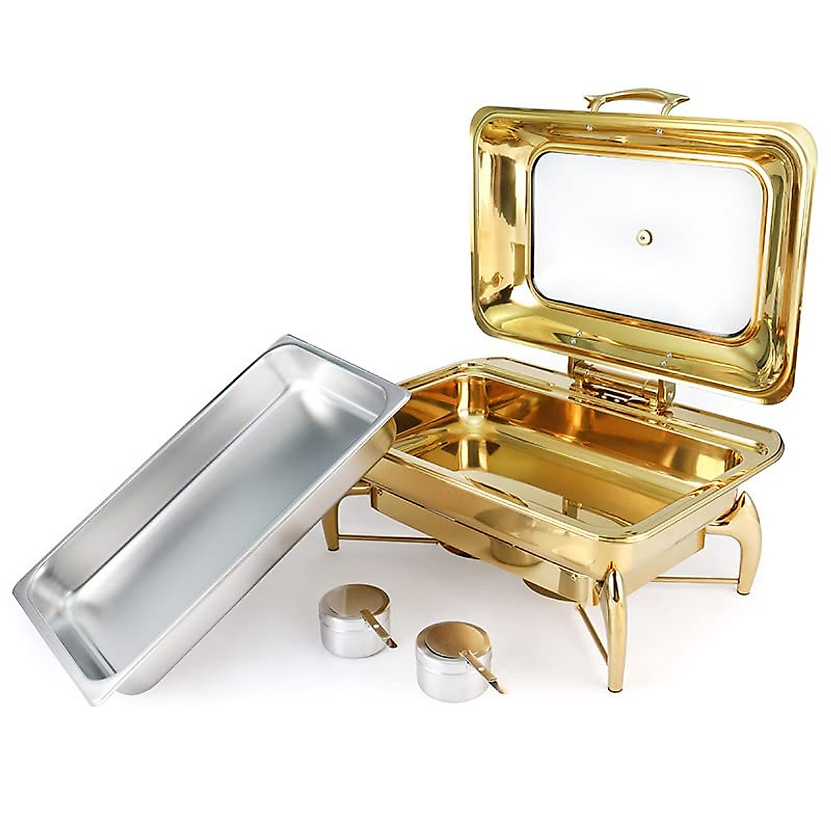 HONHPD 10L Stainless Steel Thickened Buffet Stove, Commercial Hotel Restaurant Breakfast Heating Furnace, Hydraulic Transparent Cover Buffet Stove, Chafing Dish Buffet Set, Gold（Full Size）