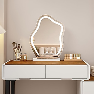 HOMEHIGH Vanity Desk with Mirror and Lights, Dressing Table with 5 Drawers and Adjustable Cabinet, Makeup Vanity Desk with 3 Lighting Modes for Bedroom, Makeup Room