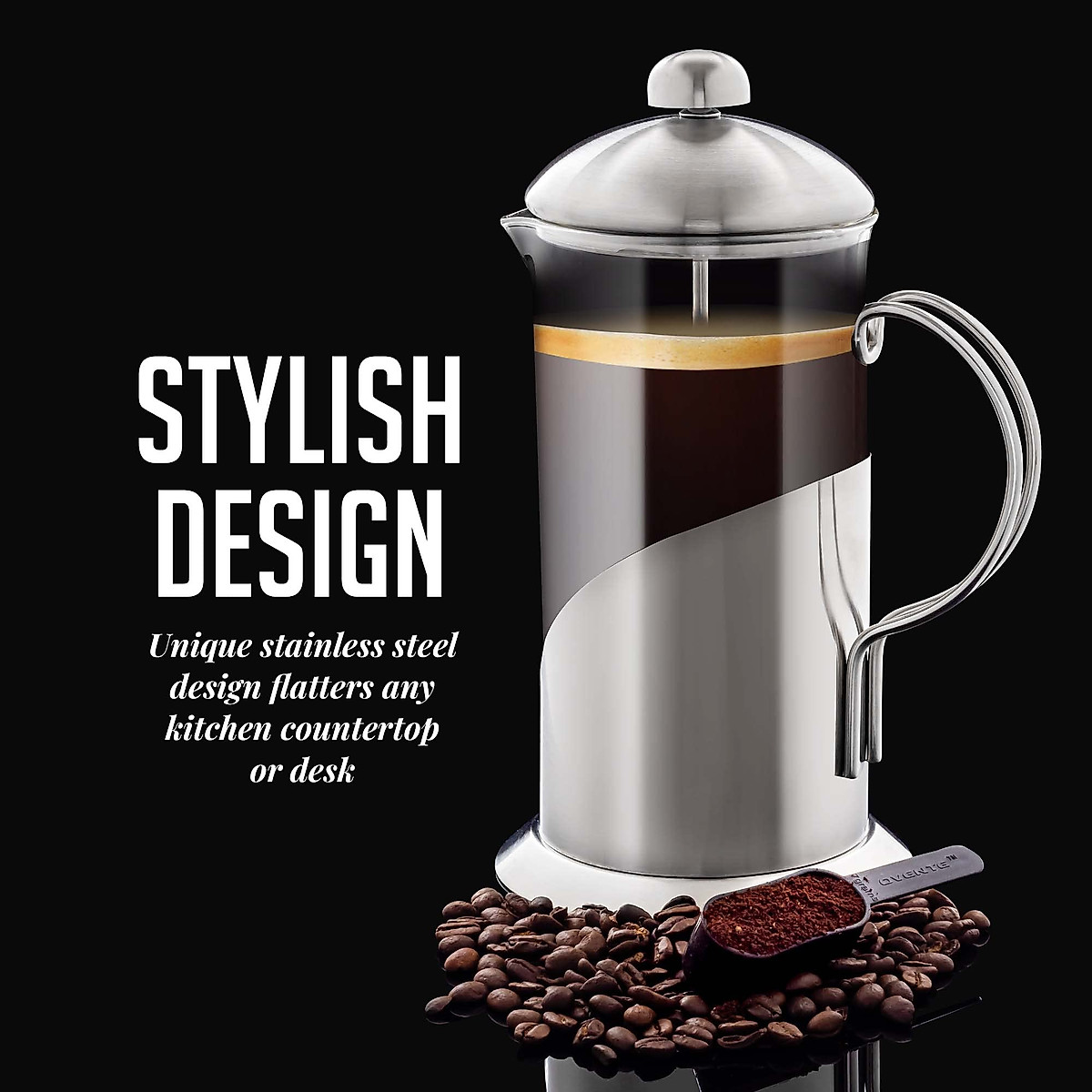 OVENTE French Press Coffee Maker 34 Ounce, 4 Level Stainless Steel Filter System, Borosilicate Heat Resistant Glass Carafe with Free Measuring Scoop, Silver FSL34S